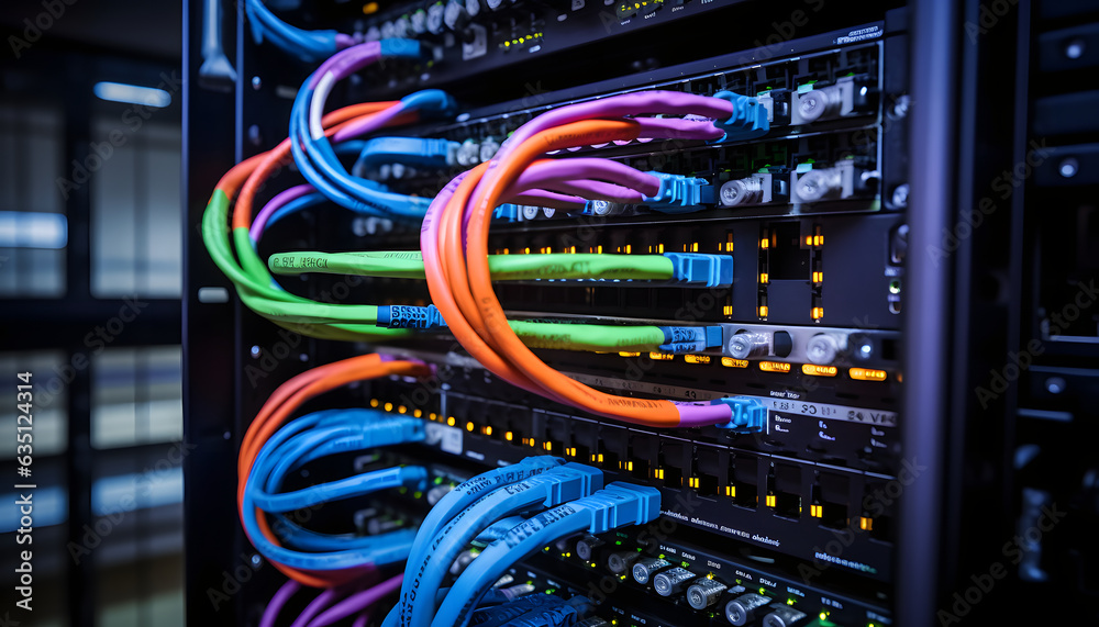 Network Server Room, Server Rack with Fiber Optic Cables Attached to ...