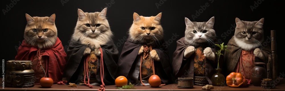 Buddhist cat, animal worship, funny illustration of a cat with folded ...