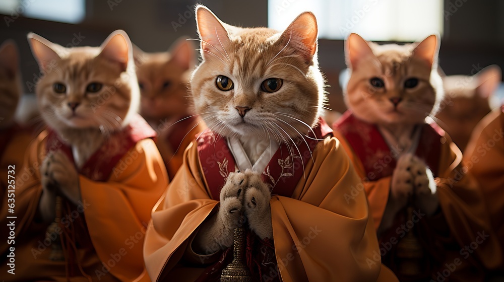 Buddhist cat, animal worship, funny illustration of a cat with folded ...