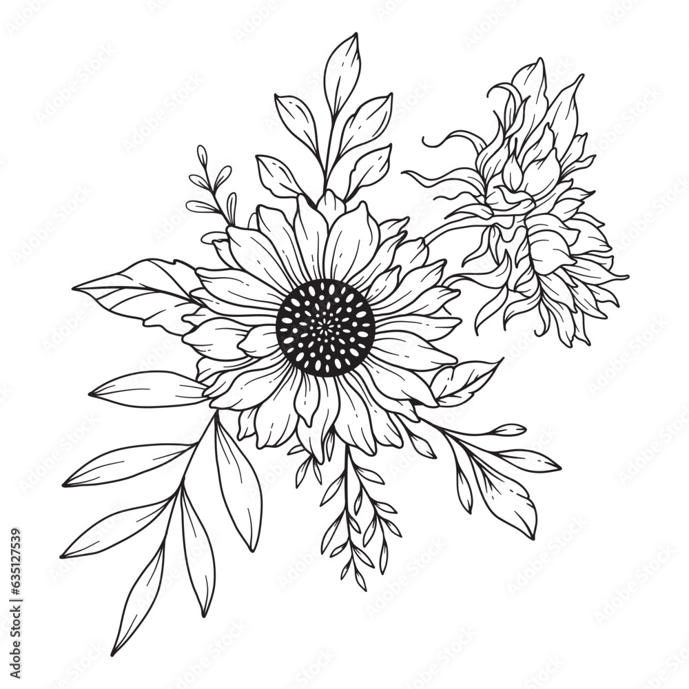 Sunflowers Line Art, Fine Line Sunflower Bouquets Hand Drawn ...