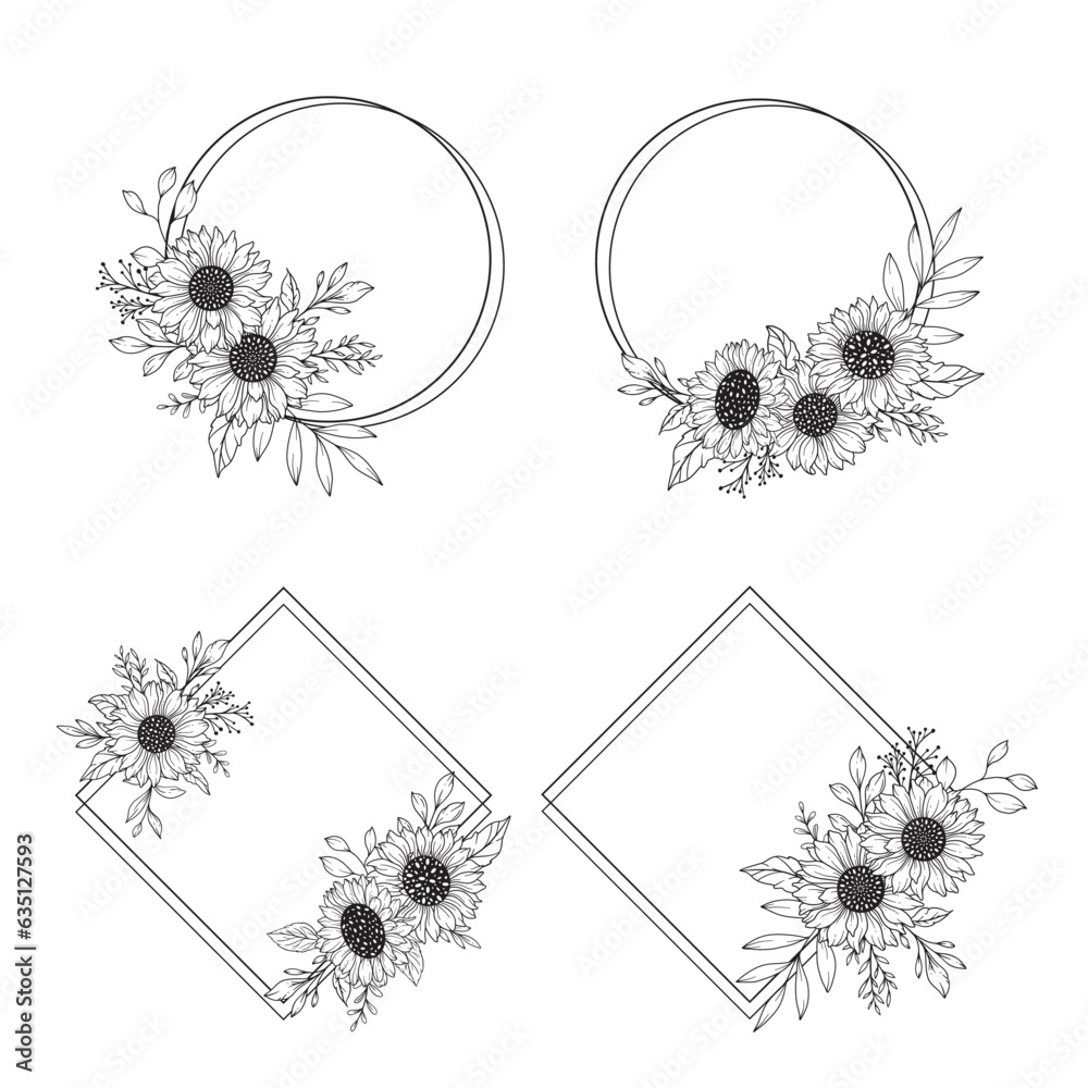 Sunflower Frames Line Art, Fine Line Sunflower Frames Hand Drawn ...
