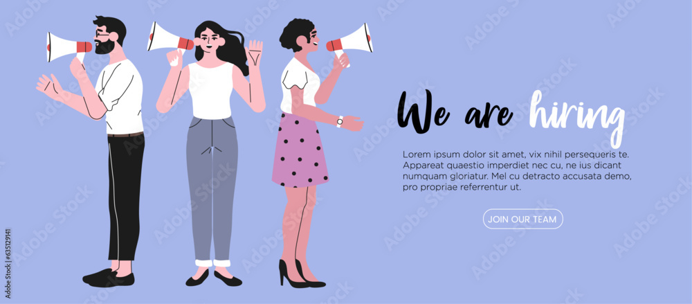 Vector illustration of people shouting in loud speaker and recruiting ...