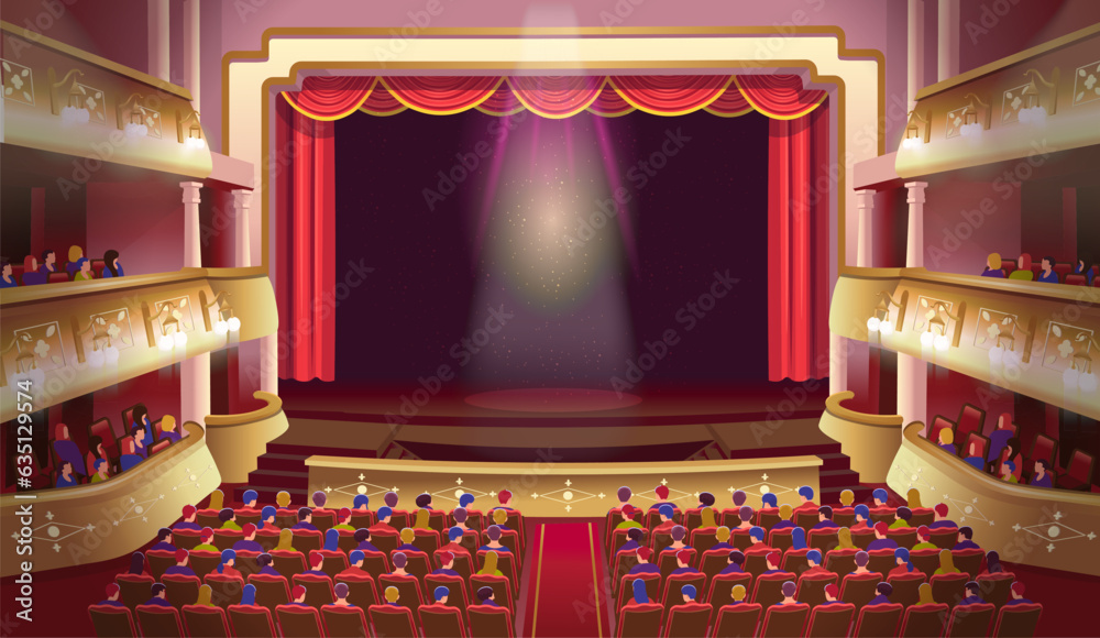 Grand Theatre. Theater stage with people. Theater scene interior with ...