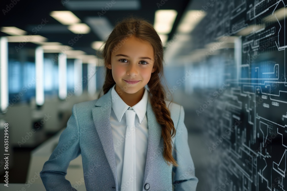 Portrait of a pleased, child girl wearing tie against a corporate ...
