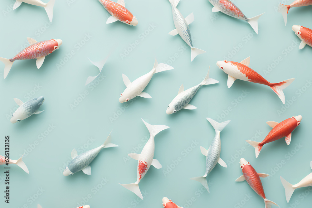 minimalist funny style illustration, many koi fish, aerial view, pastel ...