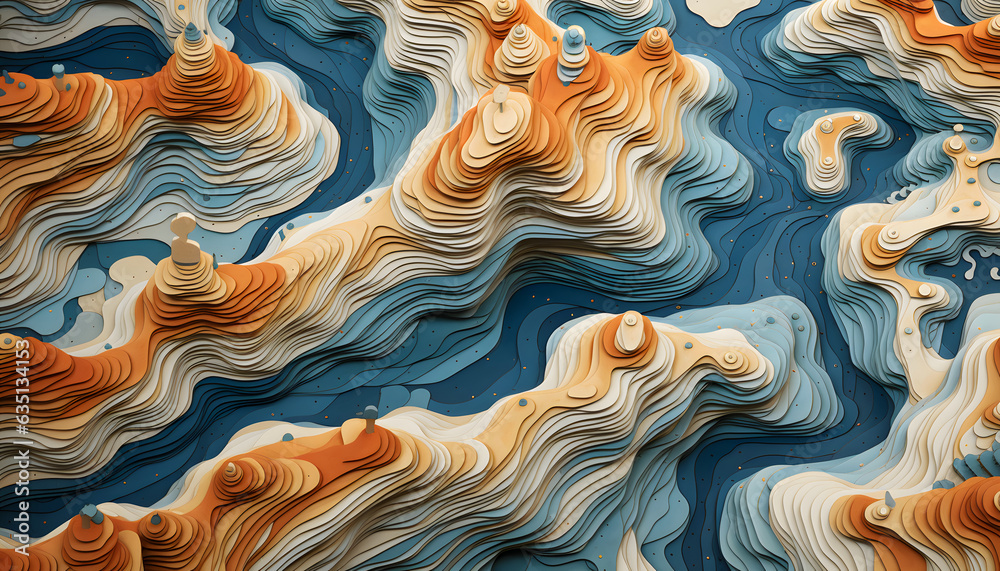 Topography map of winding rivers, Oceanic Waves Style layered depth map ...