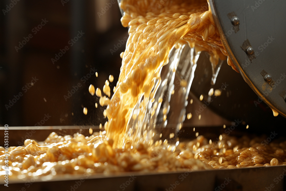 A close-up of grain pouring from a chute into a holding bin, the texture and flow of the grains ...
