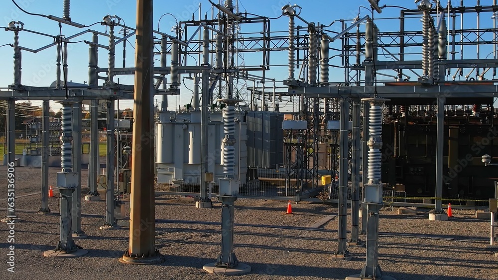 Electrical substation or electric grid of high voltage power lines and ...