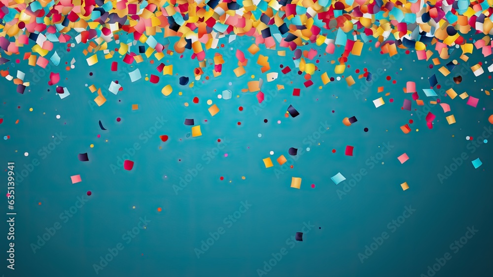 Colorful confetti falling on a blue background template for birthday ...