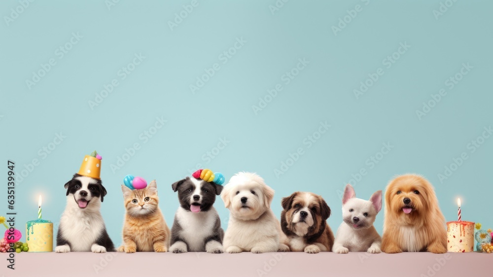 Animal themed wallpaper with cute pets and candles on blue background ...