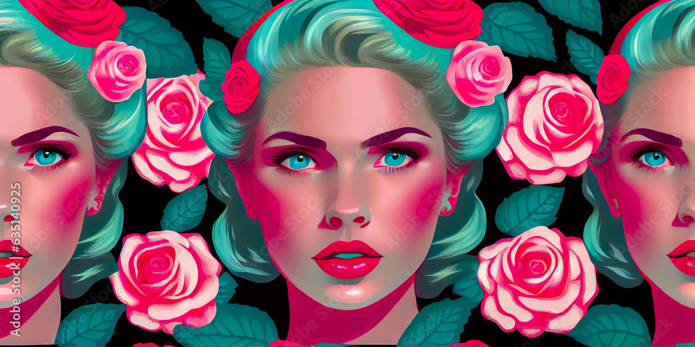 Portrait of a girl holding a rose surrounded by various flowers. The ...