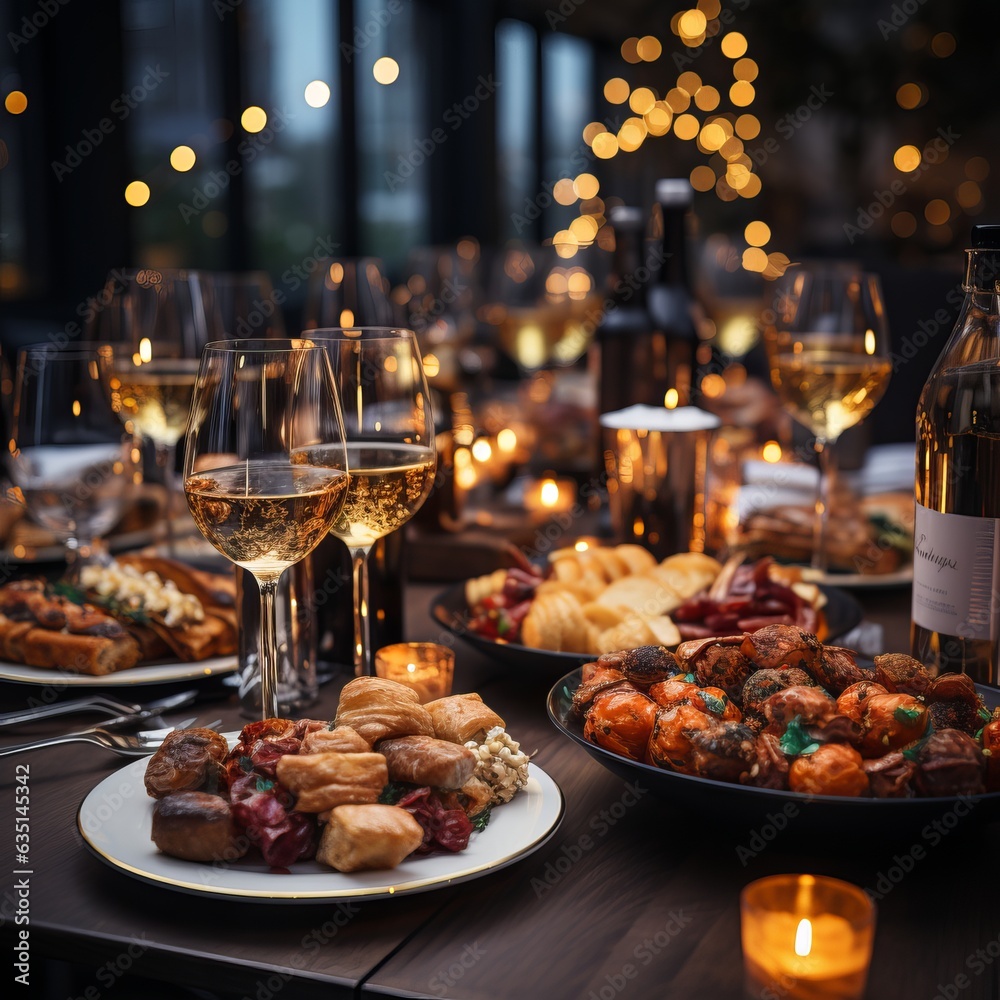 Christmas dinner table full of dishes with food and snacks, New Year's ...