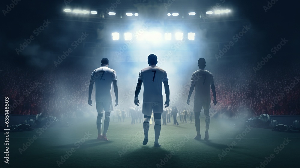 Footballers Standing at Football Stadium, night view with fog Stock ...