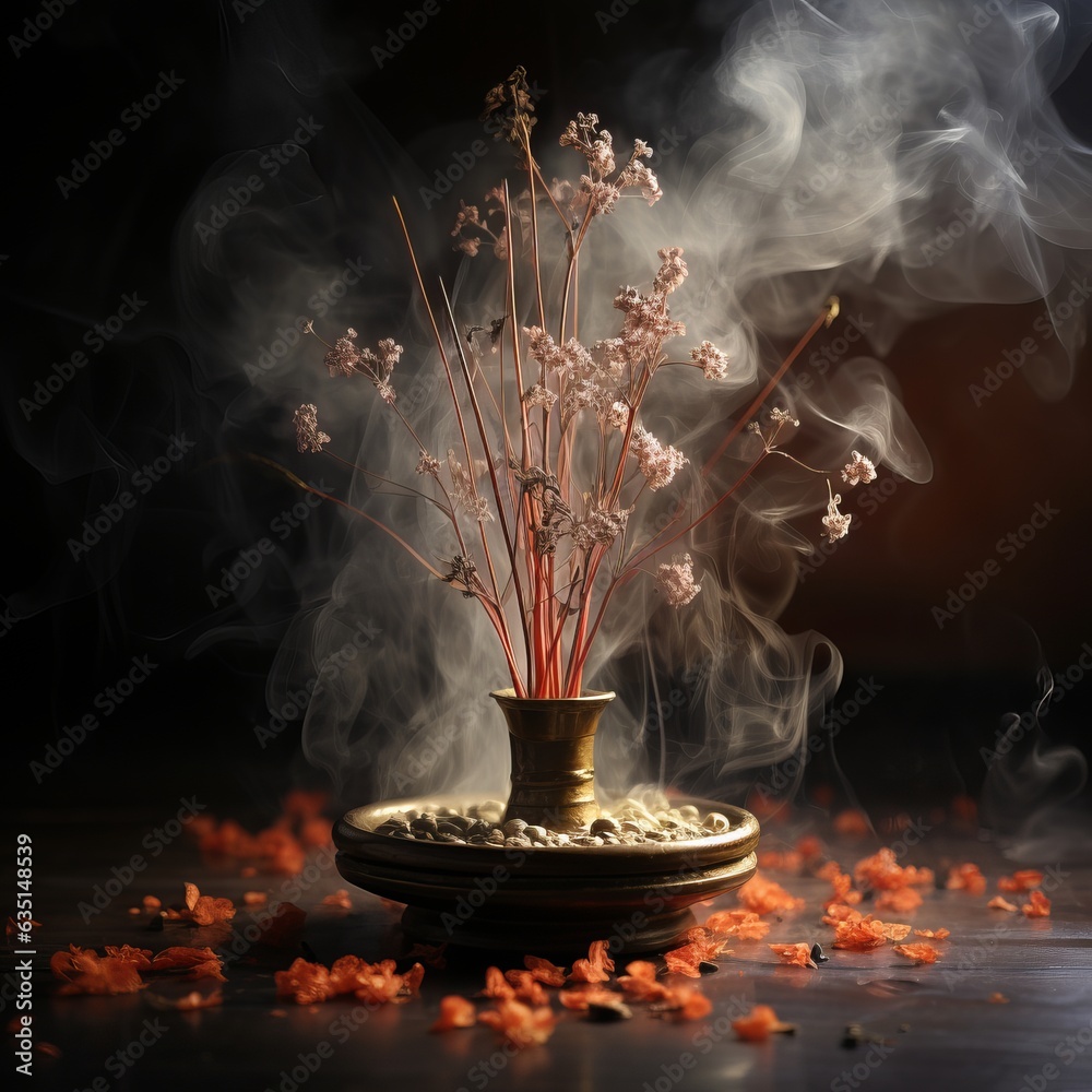 Incense sticks on a stand burn with smoke, an expensive aroma in the ...
