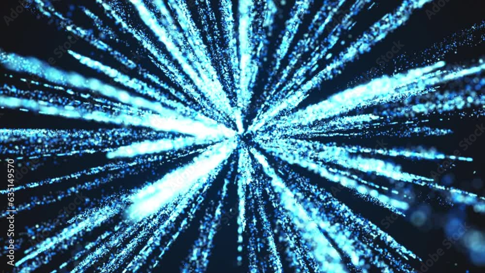 Bright blue fireworks background. Glowing lines and particles forming a luminous firework on ...
