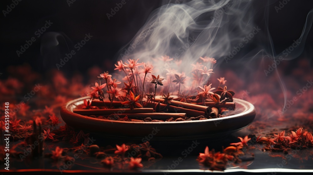 Incense sticks on a stand burn with smoke, an expensive aroma in the ...
