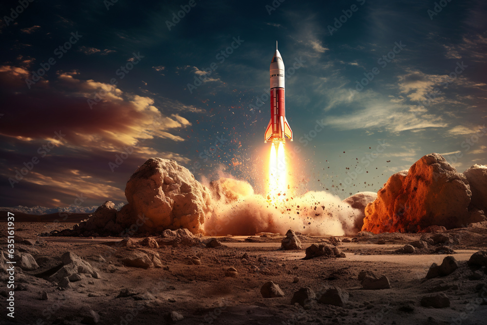 Rocket launch into space. Exploration of new outer space. Flight to the ...