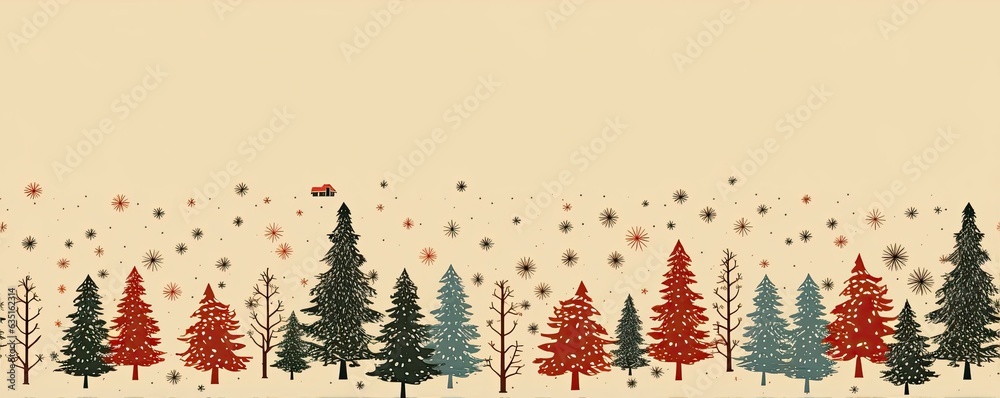 a horizontal layout of Christmas trees in a staggered line with snow ...