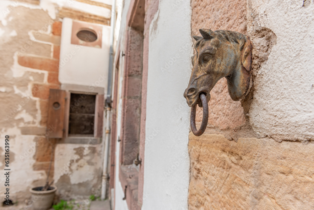 Old rusty horse's head with a ring for tying horses in a backyard ...