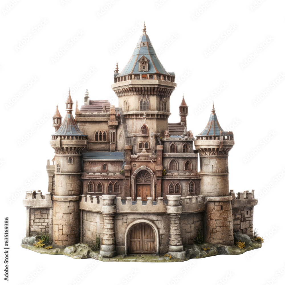 a castle with round turrets in a Medieval-themed, photorealistic ...