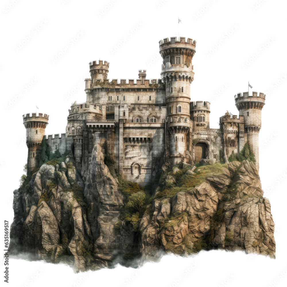 a castle with square turrets in a Medieval-themed, photorealistic ...