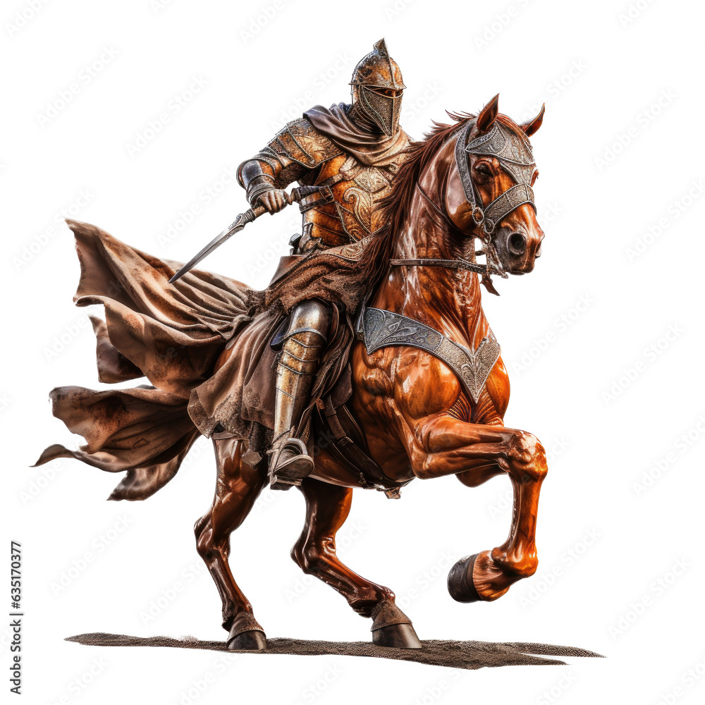 a Knight in armor on a sorrel rust-colored horse in motion in a ...