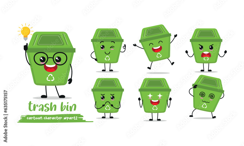 cute trash bin cartoon with many expressions. dustbin different ...