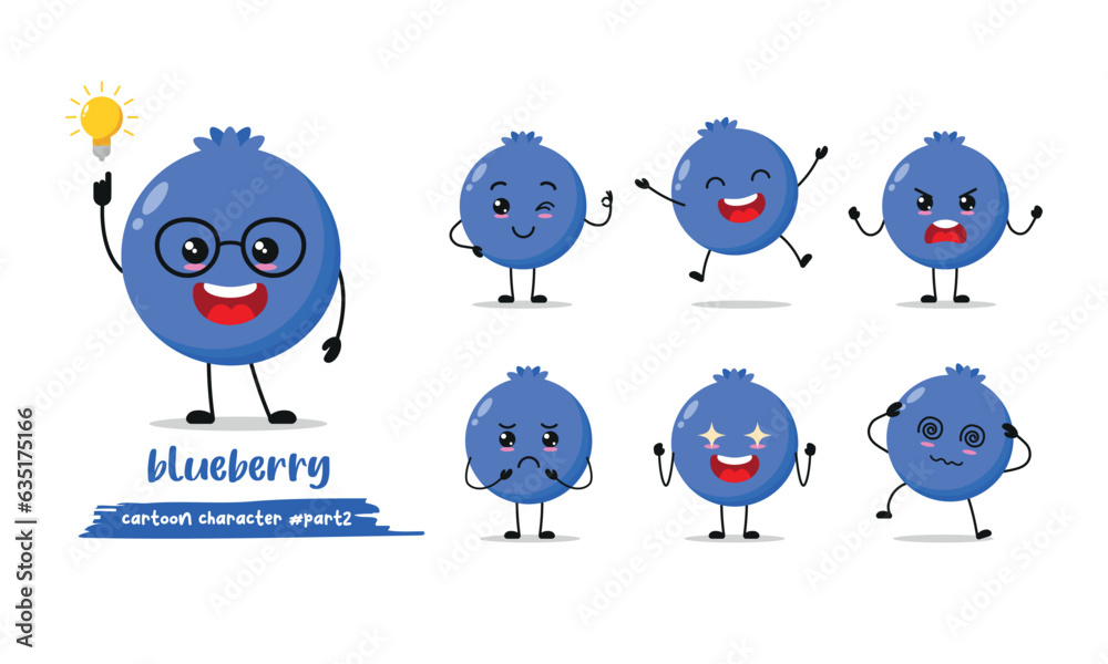 cute blueberry cartoon with many expressions. fruit different activity ...