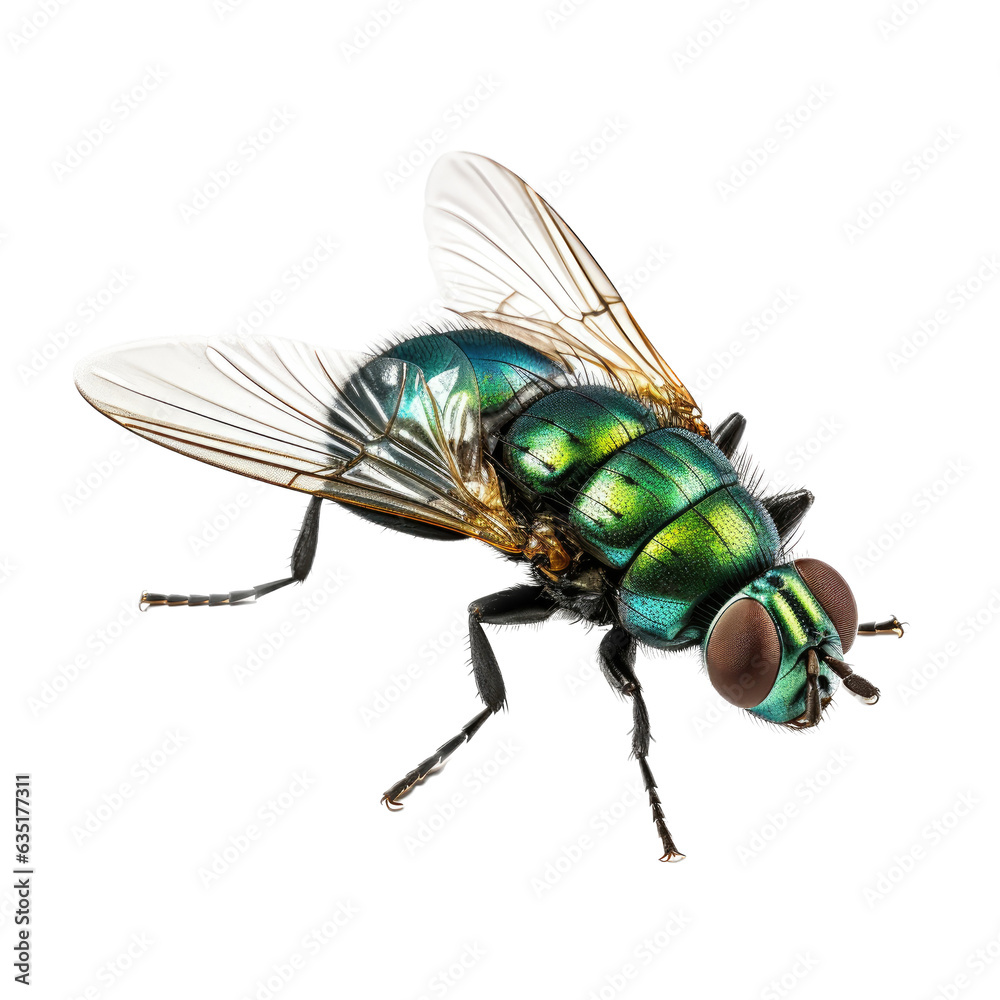a green bottle fly, 3/4 view facing right, full body in an Agricultural ...