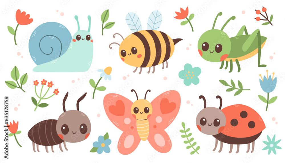 Cute insects set. Butterfly, ant, ladybug, bee, snail, grasshopper ...