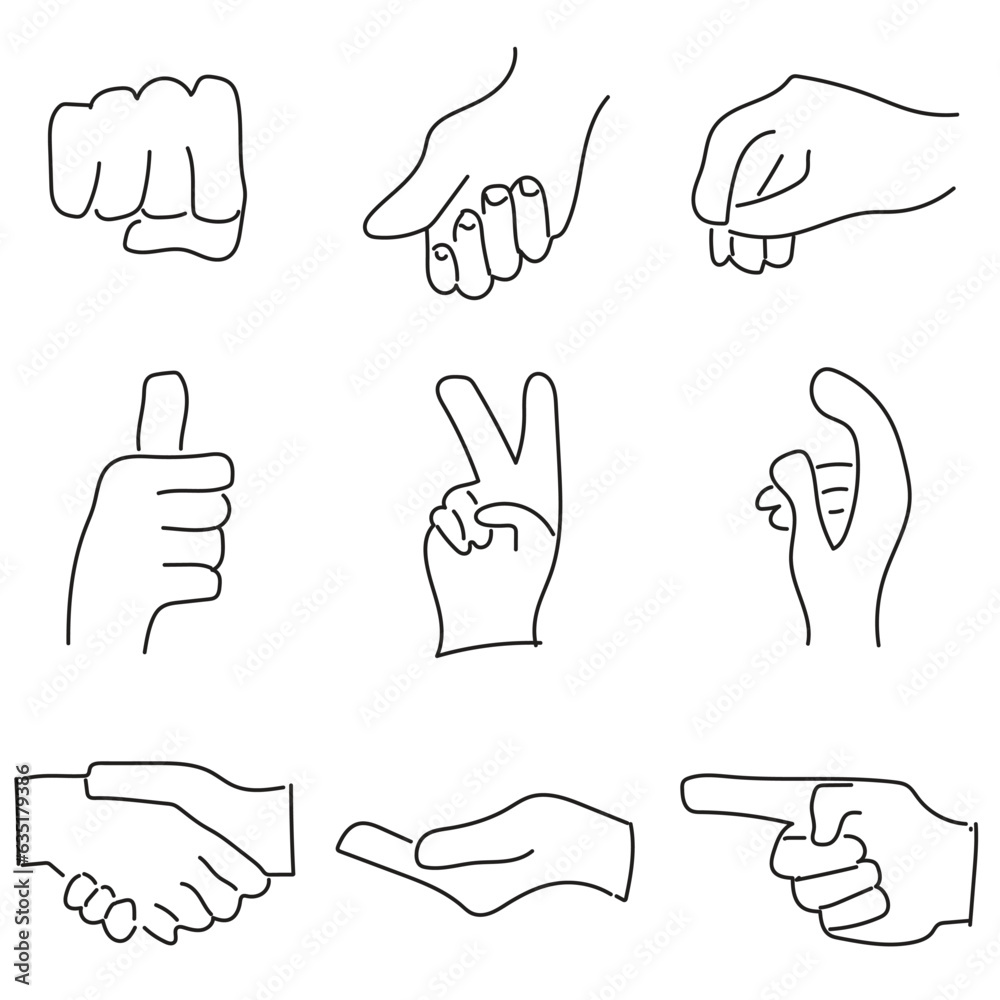 Vetor de Hand gestures line icons. Handshake, Clapping hands, Victory ...