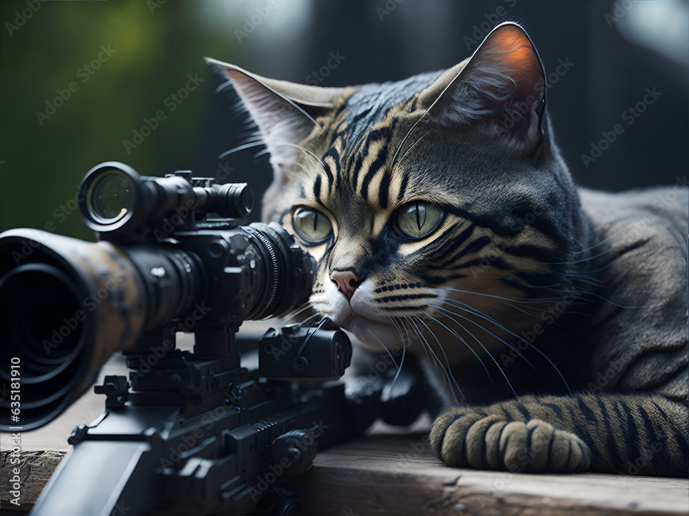 cat aims at the sniper scope of the rifle. AI generated. Stock ...