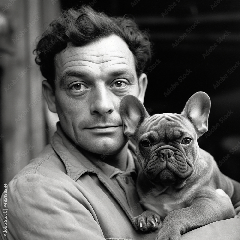 Man with broad face and large bulging eyes holds French bulldog in his ...