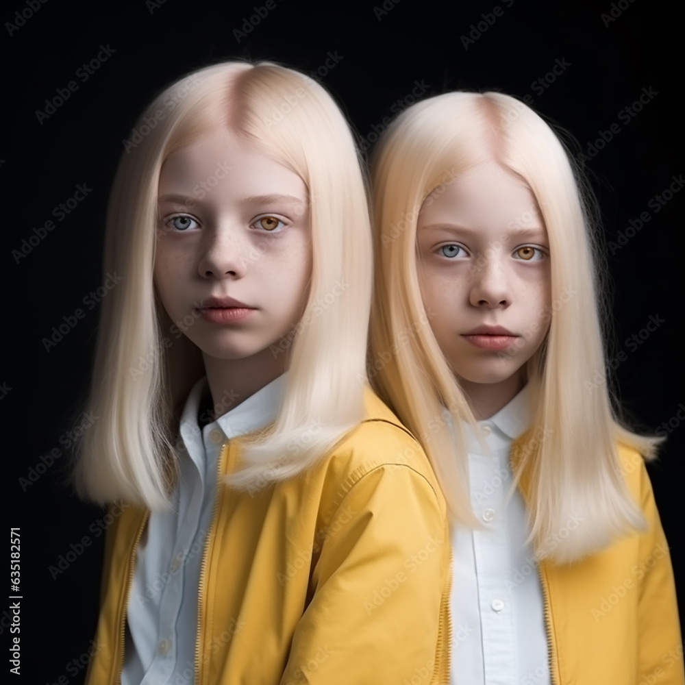 Twins, two fair-haired girls with different colored eyes, heterochromia ...