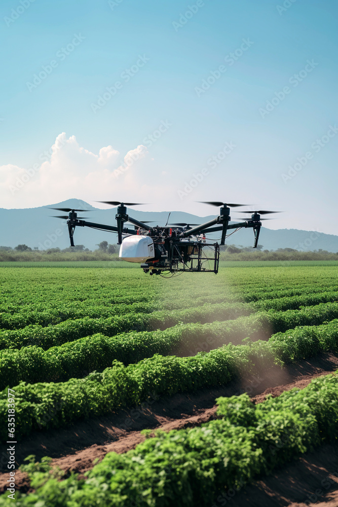 Generative Ai illustration of Drone flying and spraying crop fields with ecological and ...