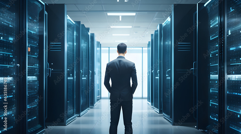 IT Engineer in big database server center office. Big cloud data center ...