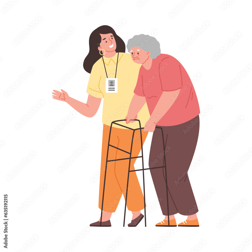 Female volunteer helping elderly woman to walk with rollator, flat ...