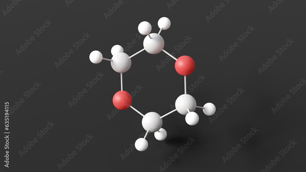 1,4-dioxane molecule, molecular structure, ether solvents, ball and ...