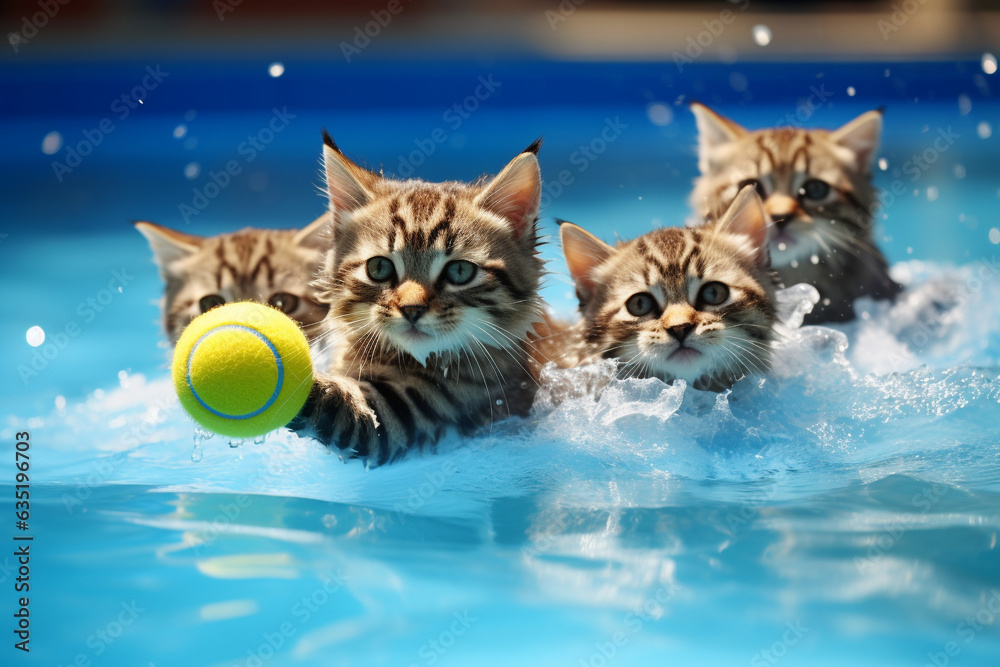 Kittens play water polo. Cats with balls swim in the pool. Stock Photo ...