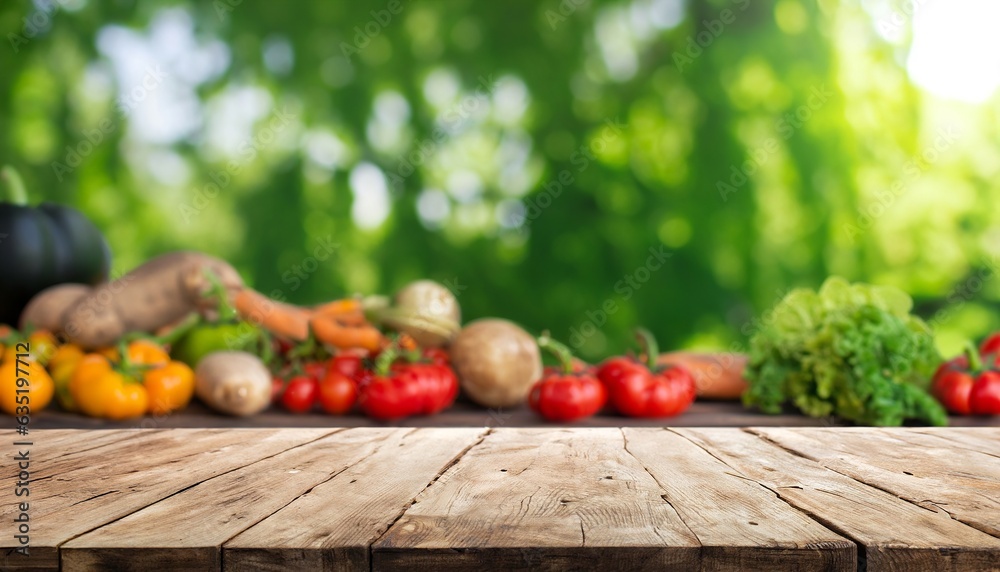 Wooden table with a blur background of vegetables and greens, world ...