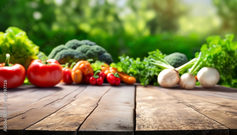 Wooden table with a blur background of vegetables and greens, world ...
