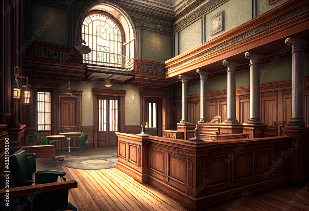 Realistic image of the interior of the courthouse. Wooden courtroom. AI ...