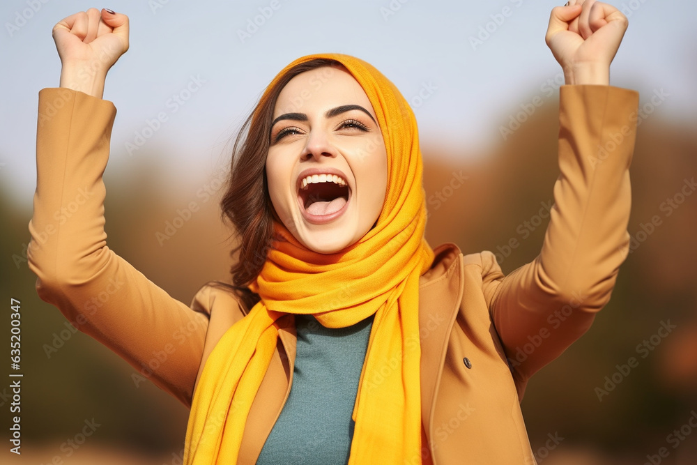 Joyful and excited young Muslim woman screaming and raising her hands ...