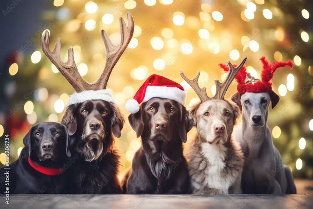 Five dogs celebrating Christmas holidays wearing a red Santa Claus hat ...