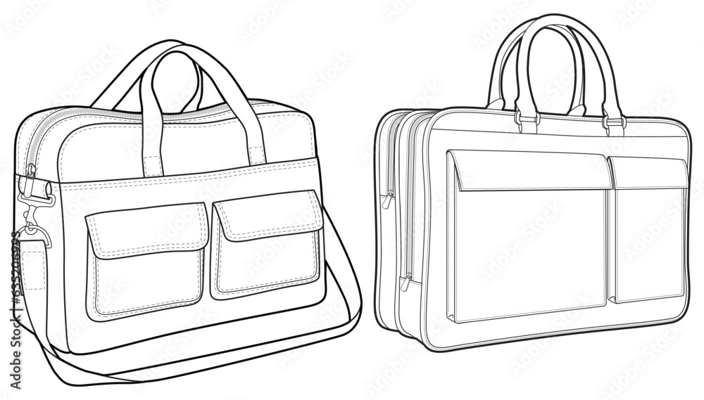 Set of holdall Briefcase bag flat sketch fashion illustration drawing ...
