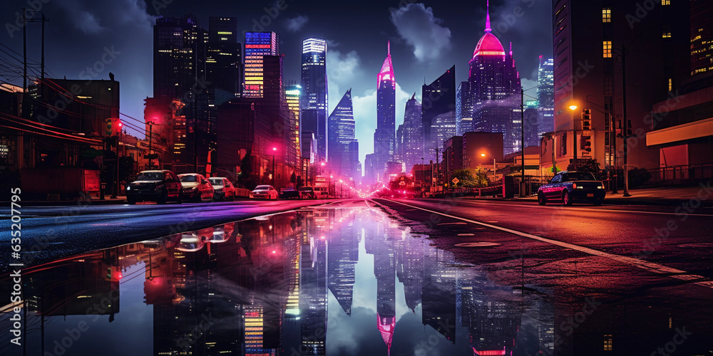 Neo - noir cityscape under full moon, towering skyscrapers bathed in ...