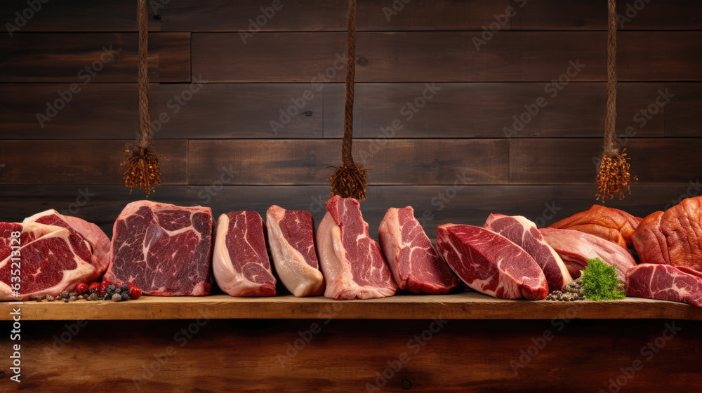 Meat cuts selection displayed in wooden ray at a butcher shop or a ...