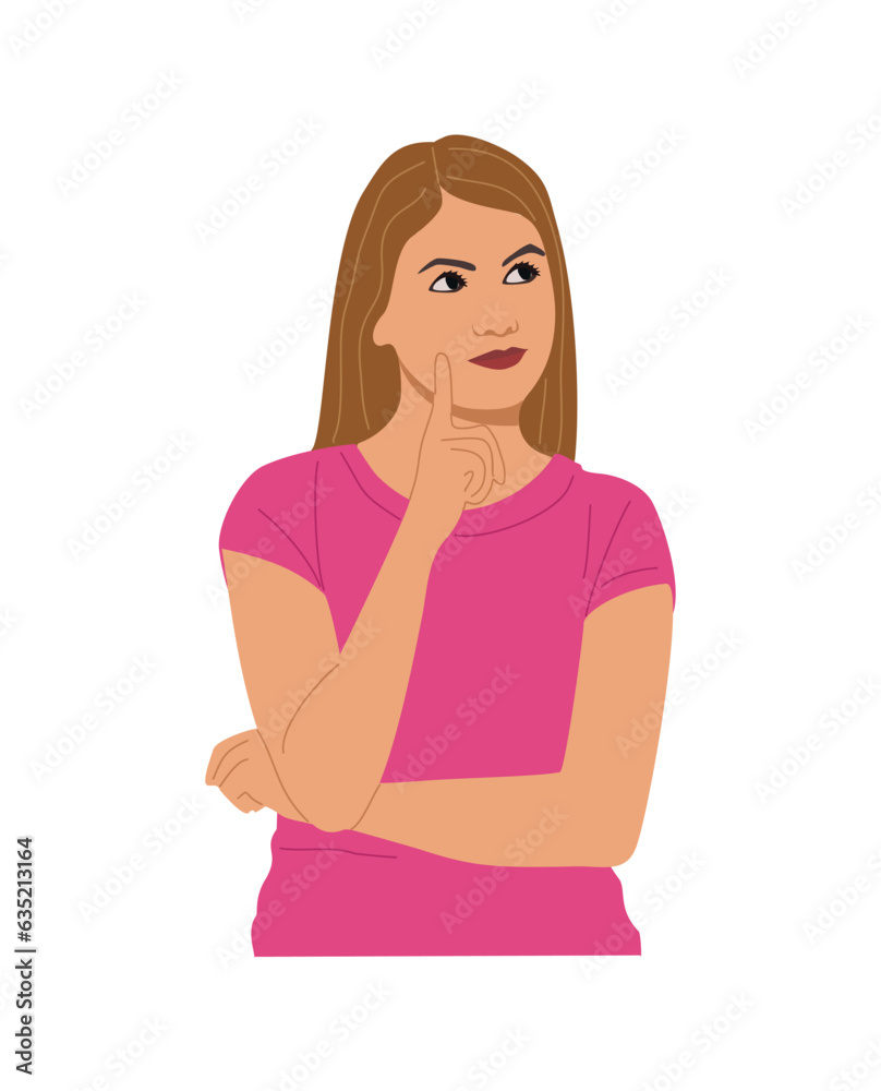 Young woman thinking about problems. Thoughtful person in thoughts ...