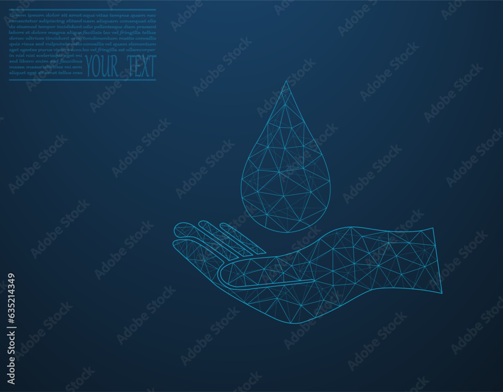 Vector illustration of a water drop on a hand on a dark blue background ...