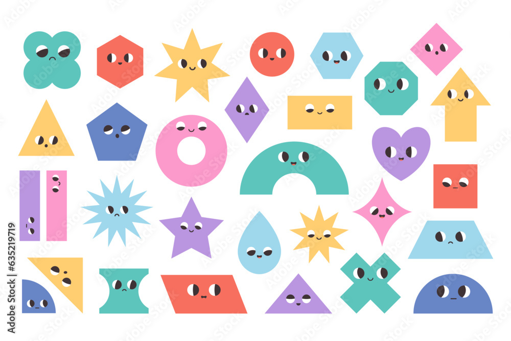 Cute cartoon geometric shapes characters. Basic abstract geometry ...